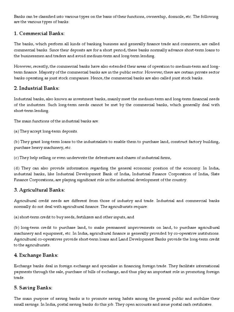 Types and Functions of Banks Explained | PDF | Reserve Bank Of India ...