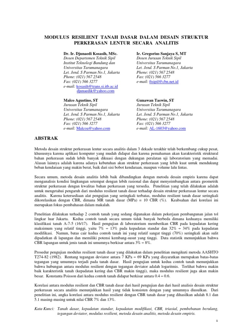 Modulus Resilient Tanah Dasar Dalam Desain Struktur Perkerasan Lentur ...