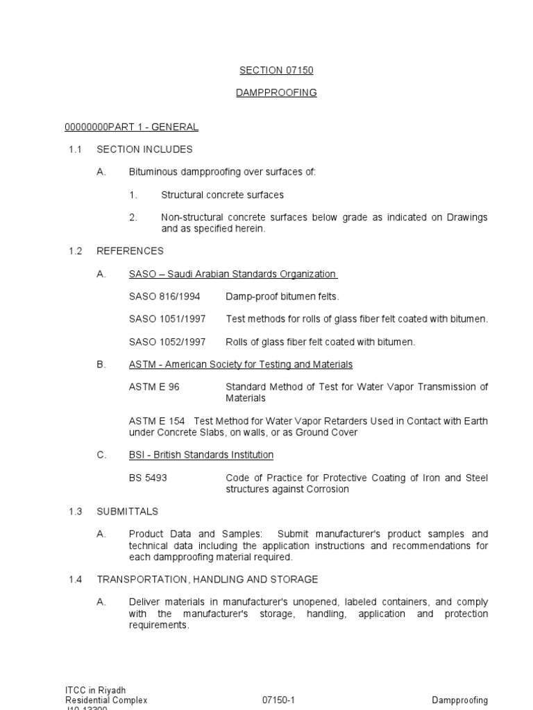 ITCC in Riyadh Residential Complex J10-13300 07150-1 Dampproofing | PDF ...