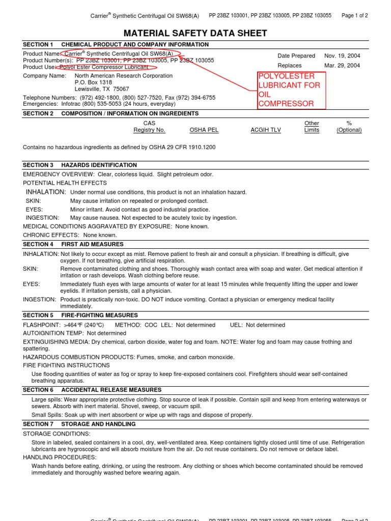 Compressor Oil Msds | PDF | Polyvinyl Chloride | Toxicity