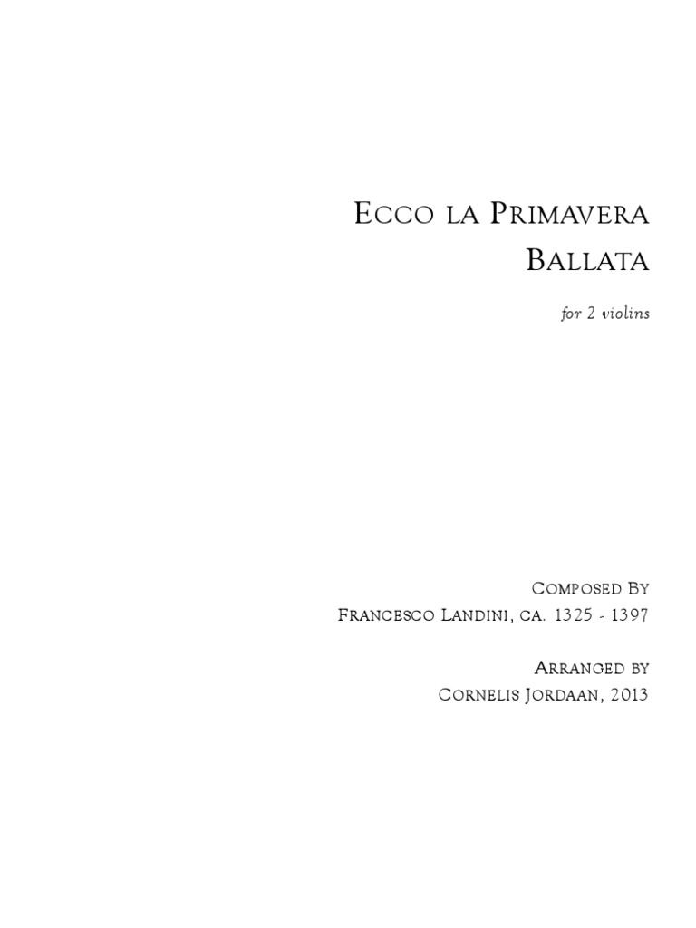 FRANCESCO LANDINI: Ecco La Primavera, Ballata, For 2 Violins | PDF ...