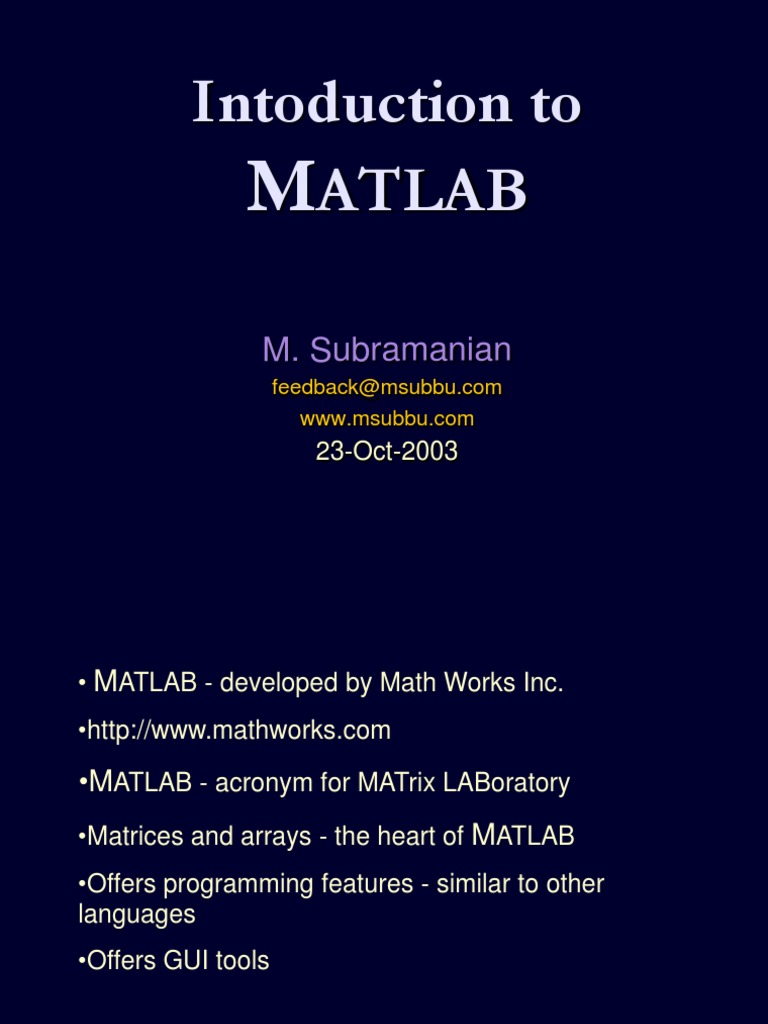 Intoduction To Atlab: M. Subramanian | PDF | Matlab | Matrix (Mathematics)