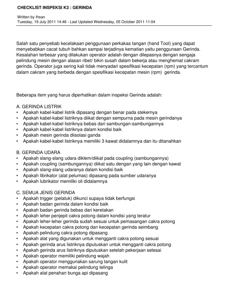 Inspeksi k3 Gerinda | PDF