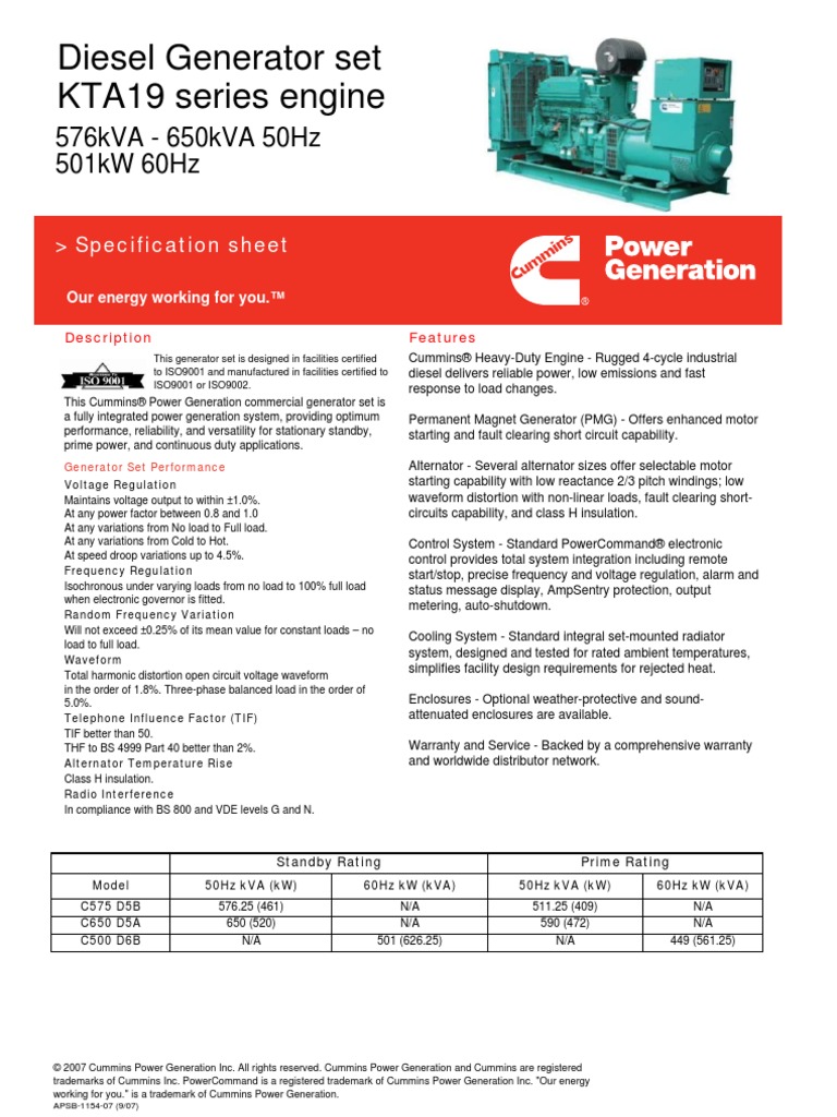 Diesel Generator Set KTA19 Series Engine: 576kVA - 650kVA 50Hz 501kW ...