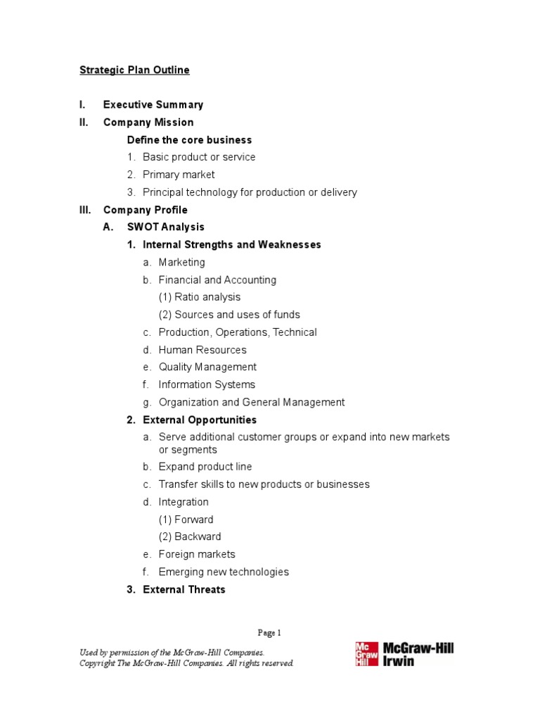 Strategic Plan Outline I. Executive Summary II. Company Mission Define ...