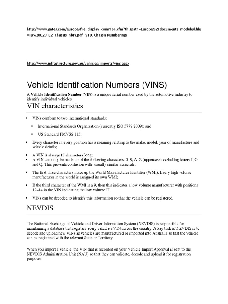 Vehicle Identification Numbers (VINS) : VIN Characteristics | PDF ...