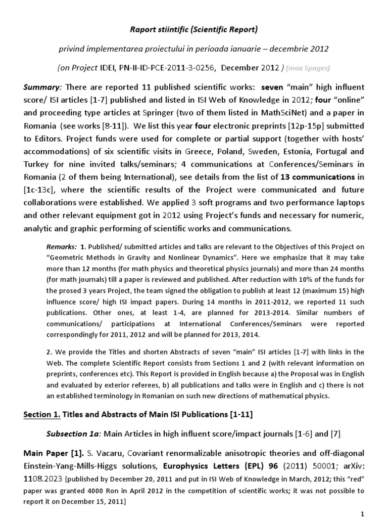 05 Vacaru Raport Stiintific IDEI 2012 | PDF | General Relativity | Geometry