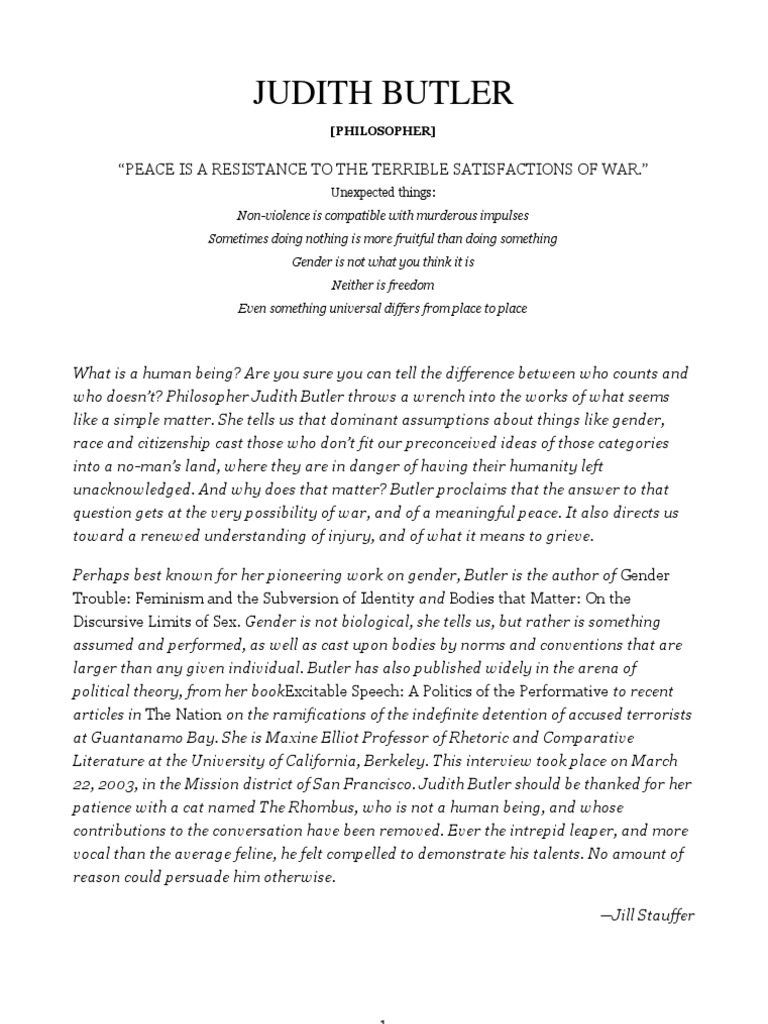 JUDITH BUTLER ON PHILOSOPHY, PEACE AND VULNERABILITY | PDF | Gender ...
