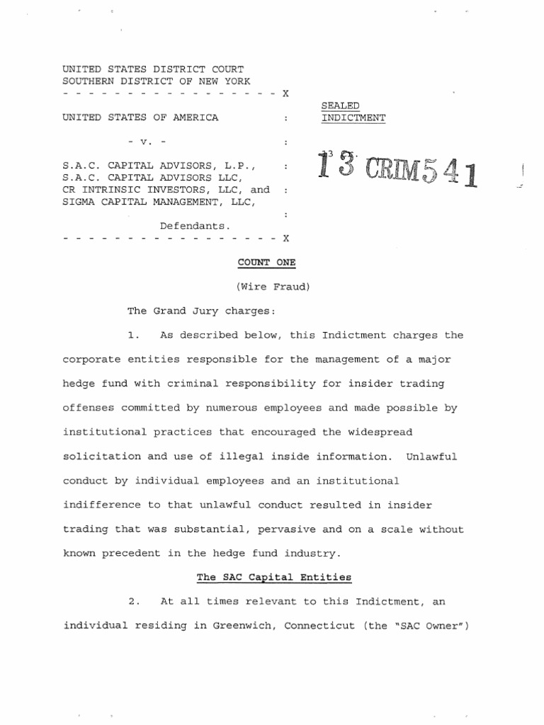 SAC Indictment Document | Download Free PDF | S.A.C. Capital Advisors ...