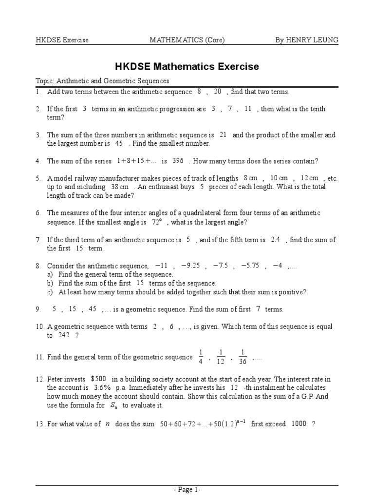 Exercise For HKDSE (Arithmetic and Geometric Sequences) | PDF | Summation | Mathematical Objects