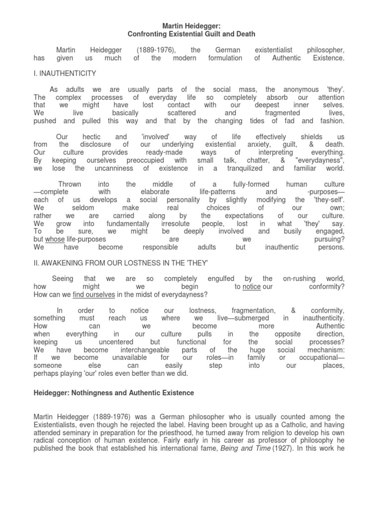 Martin Heidegger: Confronting Existential Guilt and Death | PDF ...