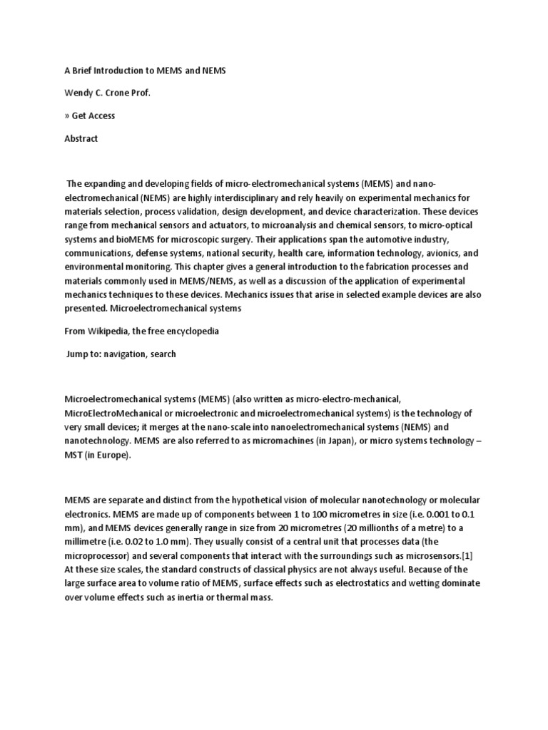 A Brief Introduction To MEMS and NEMS | PDF | Microelectromechanical ...