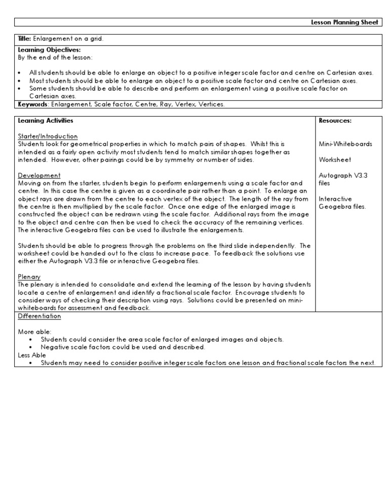 Grid Enlargement Lesson Plan | PDF | Teaching Methods & Materials