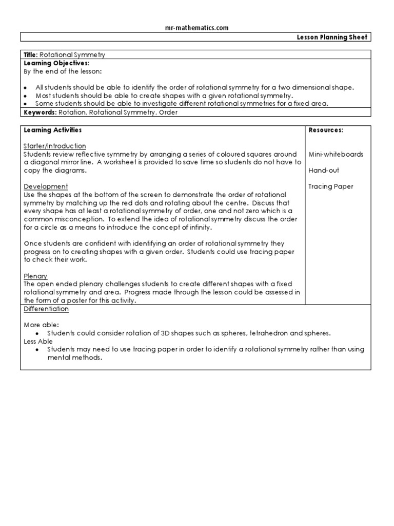 Lesson Plan Rotational Symmetry | PDF