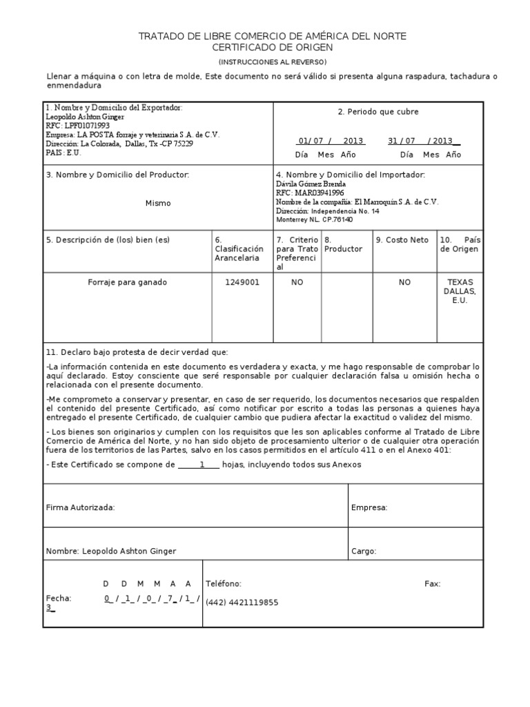 Certificado Tlcan | PDF | Tratado de Libre Comercio Norteamericano ...