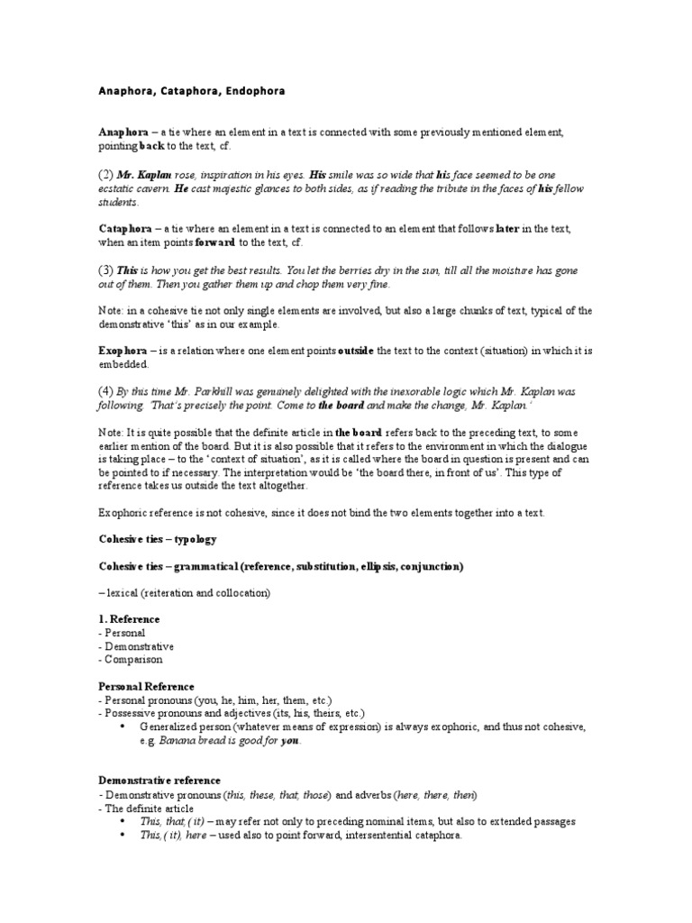 Anaphora, Cataphora, Endophora | PDF | Ellipsis | Pronoun