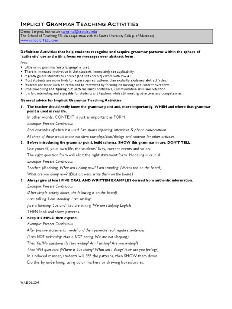 Implicit Grammar Teaching Activities | Question | English As A Second ...