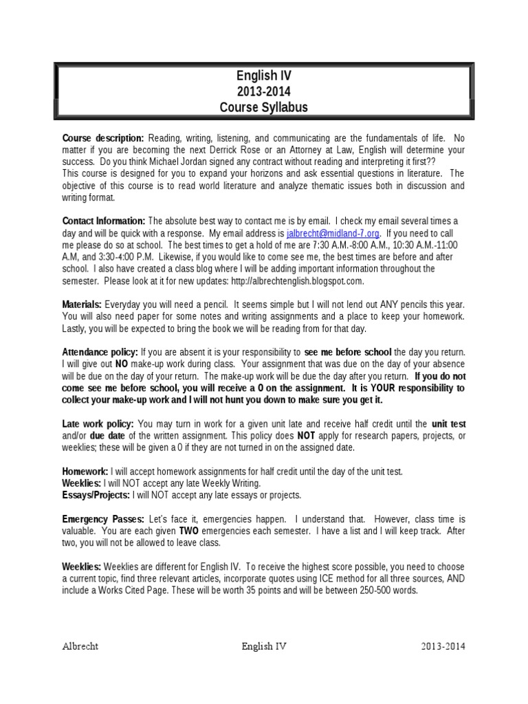 English 4 Syllabus | PDF | Homework | Rhetoric