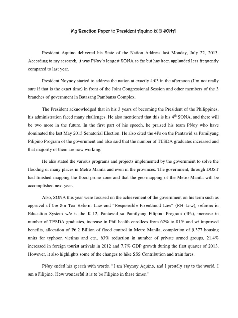 A Reaction Paper of President Noynoy Aquino 2013 State of The Nation ...