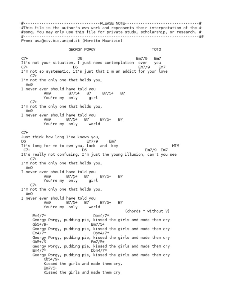 Toto Georgy Porgy Chords | PDF