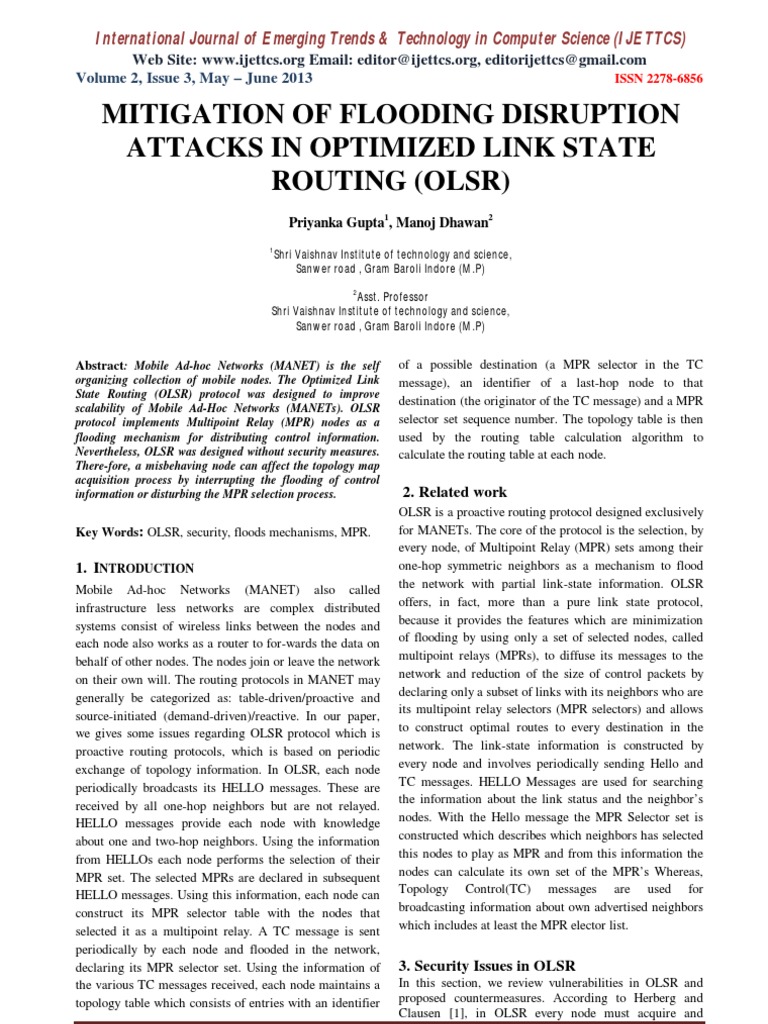 Mitigation of Flooding Disruption Attacks in Optimized Link State Routing (Olsr) | PDF | Network ...