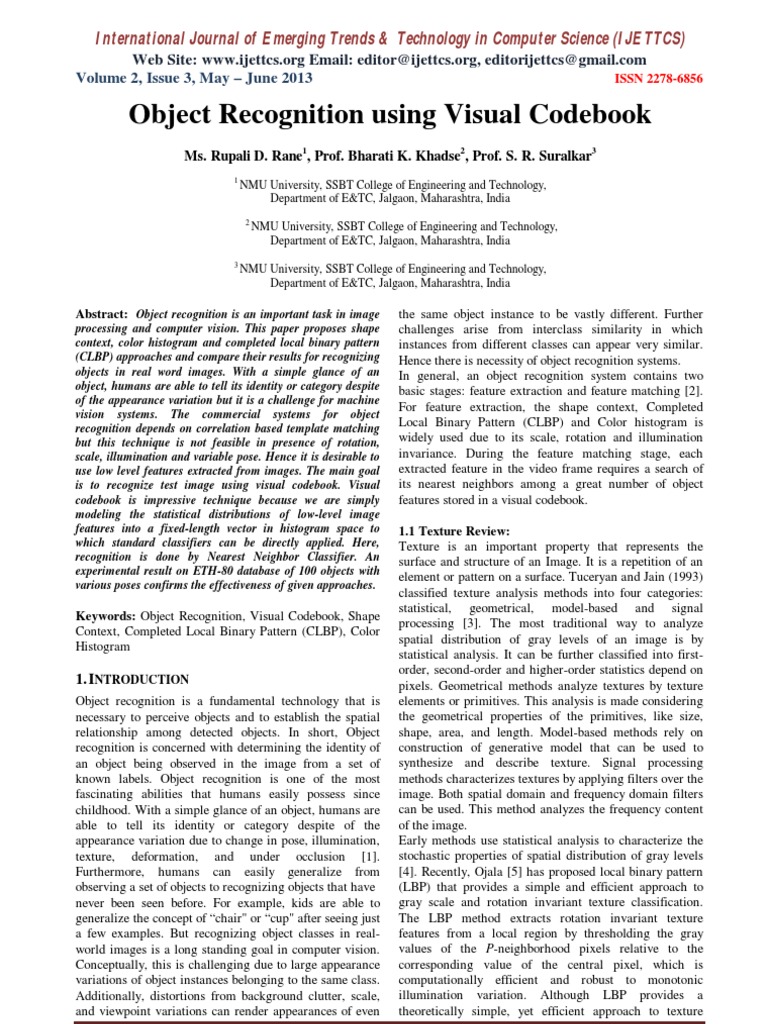 Object Recognition Using Visual Codebook | PDF | Vision | Computer Vision