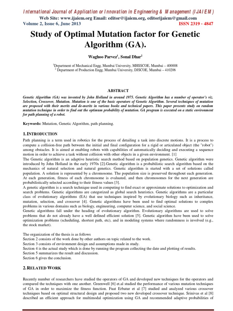 Study of Optimal Mutation Factor For Genetic Algorithm (GA) | PDF | Genetic Algorithm | Areas Of ...