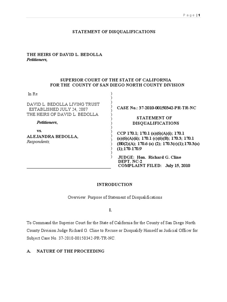 Statement to Disqualify Judge Richard G. Cline of California Superior ...