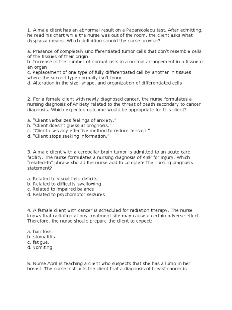 Oncology Nursing NCLEX Practice Questions | PDF | Chemotherapy | Cancer