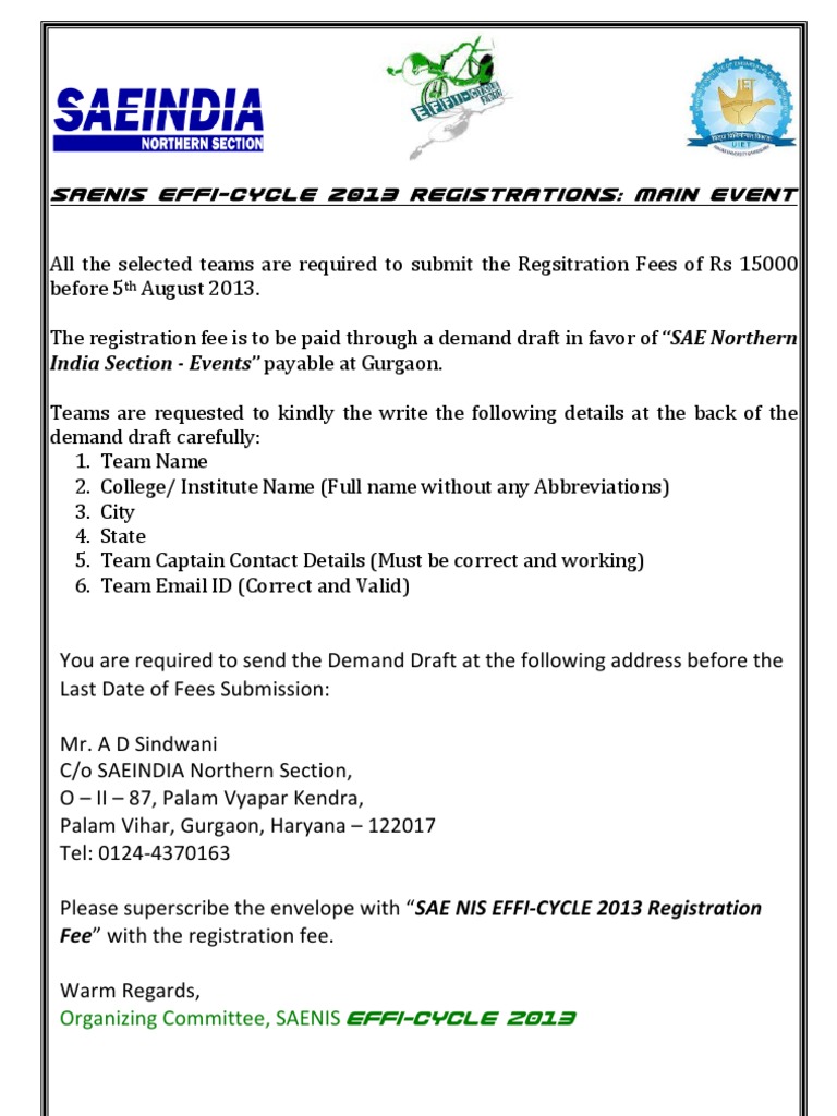 SAENIS EFFI-CYCLE 2013 Registration Details | PDF | Government ...