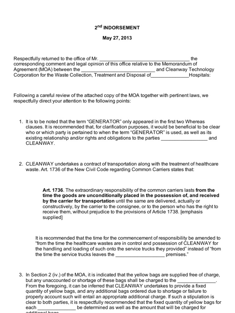 Sample Indorsement With Legal Opinion | Common Carrier | Contractual Term