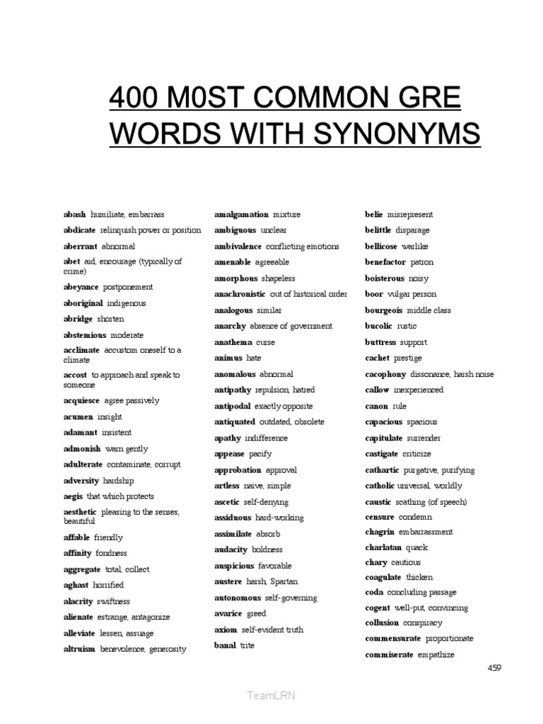 Word Lists: Vocabulary Word Lists For SAT, PSAT, GRE and Other Tests ...