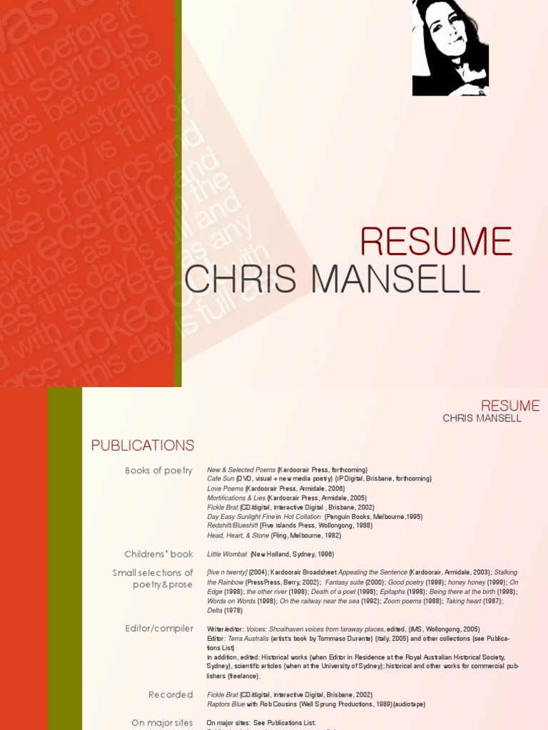 Chris Mansell: Poet Resume Overview | PDF | Australia | Editing