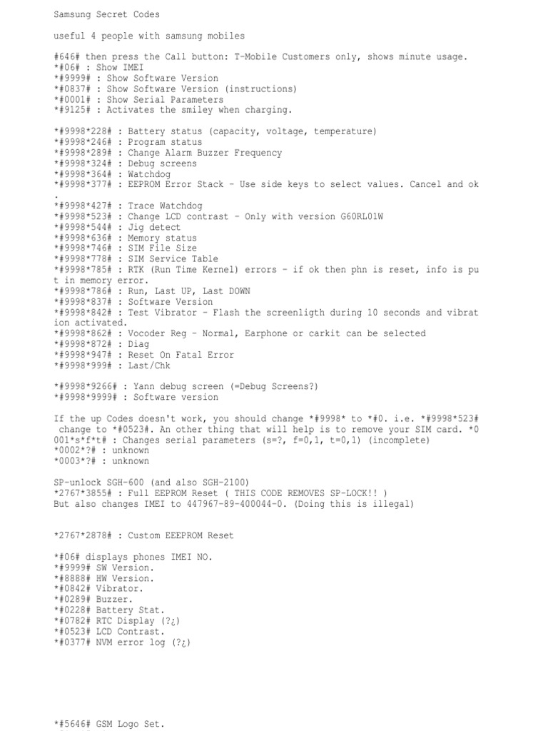 Samsung Secret Codes | PDF | Subscriber Identity Module | Digital Technology