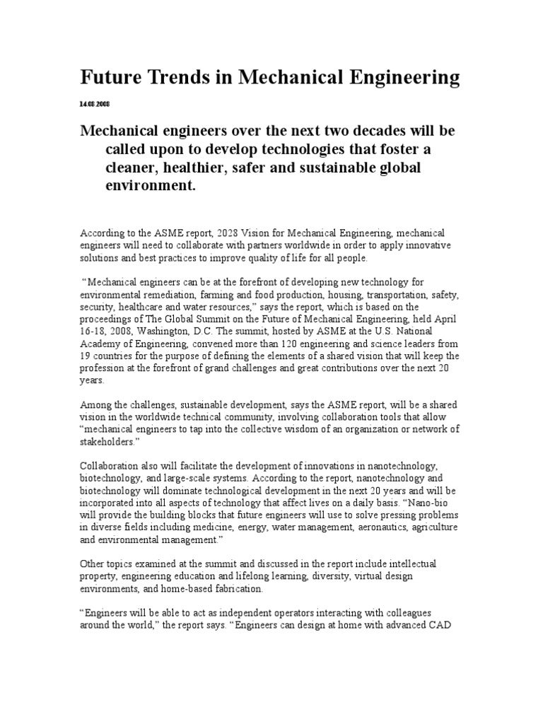 Future Trends in Mechanical Engineering-Article | PDF | Mechanical ...