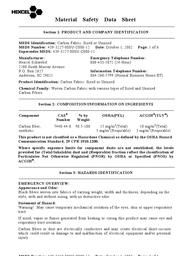 Carbon Fabric MSDS: Safety & Handling | PDF | Toxicity | Resource ...