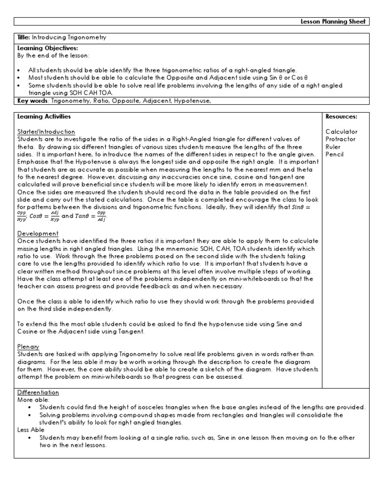 Lesson Plan Trig Intro | PDF | Trigonometric Functions | Trigonometry