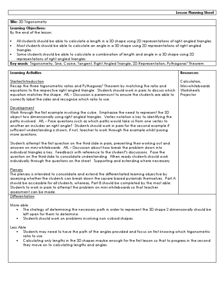 Lesson Plan 3D Trig | PDF | Trigonometric Functions | Trigonometry