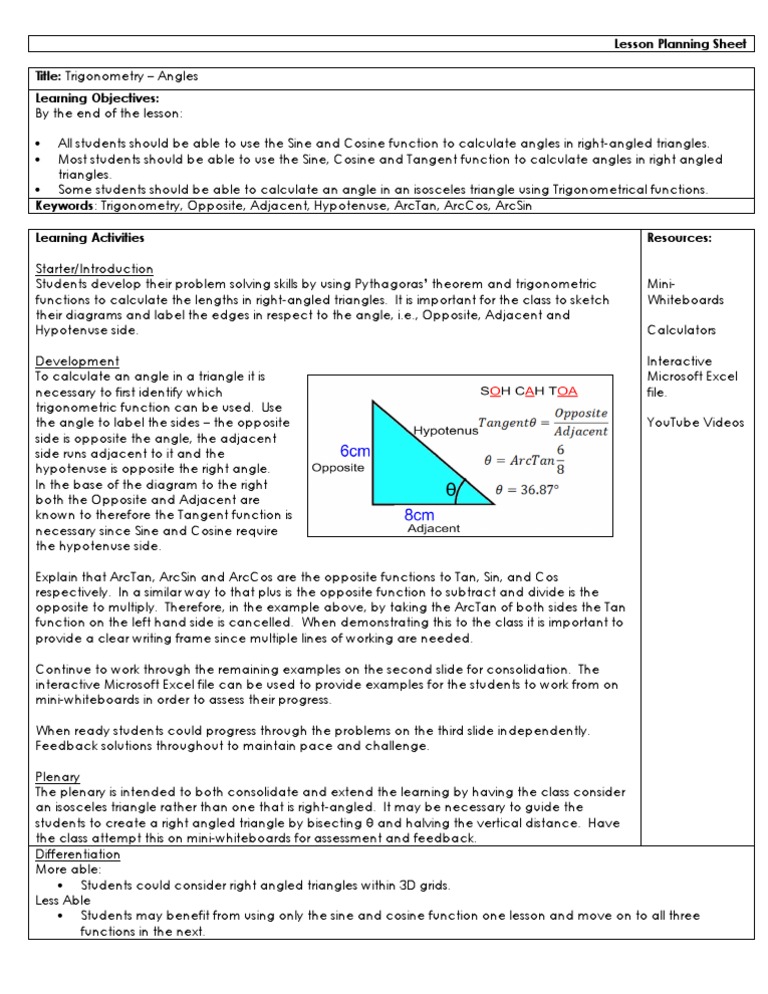 Lesson Plan Trig Angles | PDF | Trigonometric Functions | Triangle