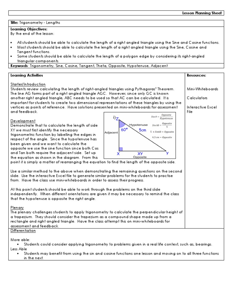 Lesson Plan Trig Lengths | Trigonometric Functions | Trigonometry ...