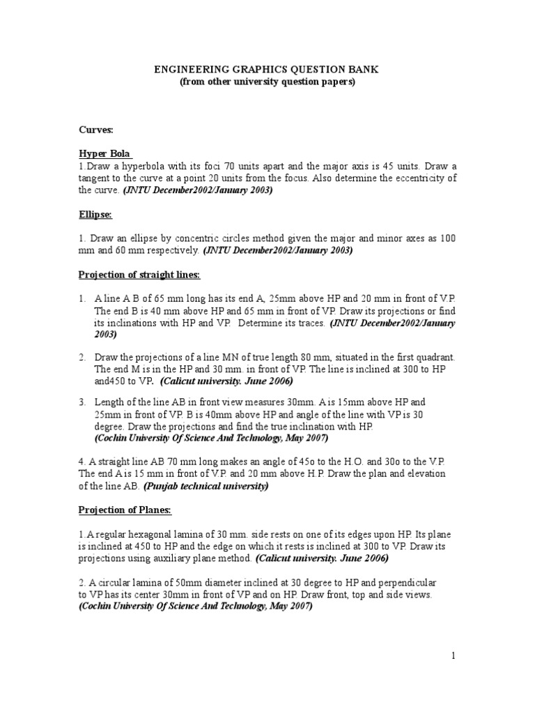 Engineering Graphics Question Bank | PDF