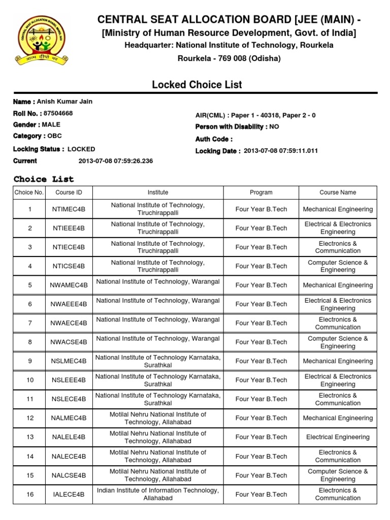 Central Seat Allocation Board (Jee (Main) - : Locked Choice List | PDF ...