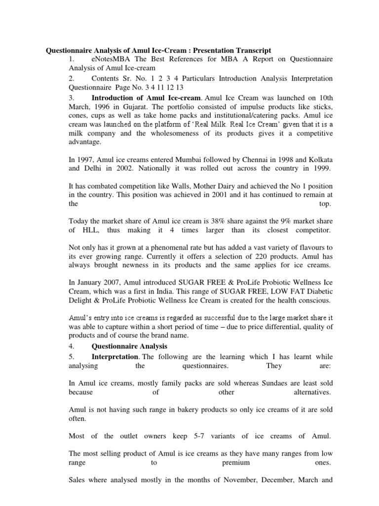 Questionnaire Analysis of Amul Ice | PDF | Ice Cream | Cream