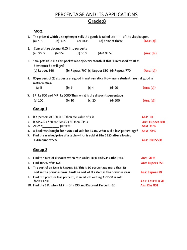Percentage and Its Applications Grade:8: (Ans: (A) ) | PDF