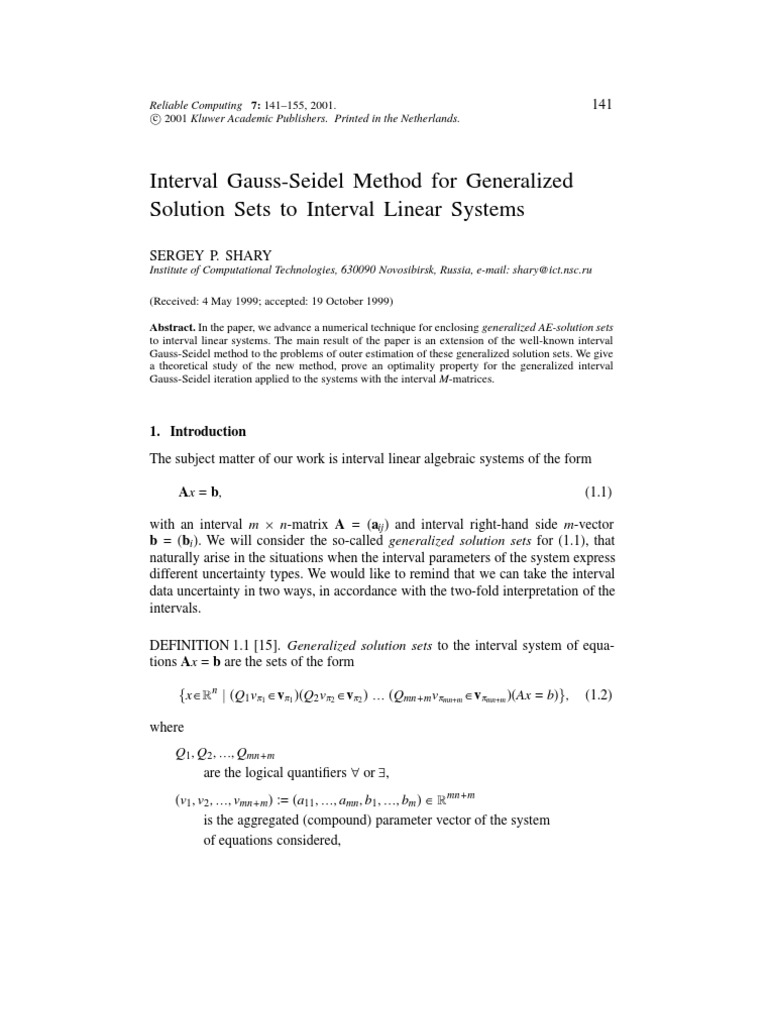 Interval Gauss-Seidel Method For Generalized Solution Sets To Interval Linear Systems | PDF ...