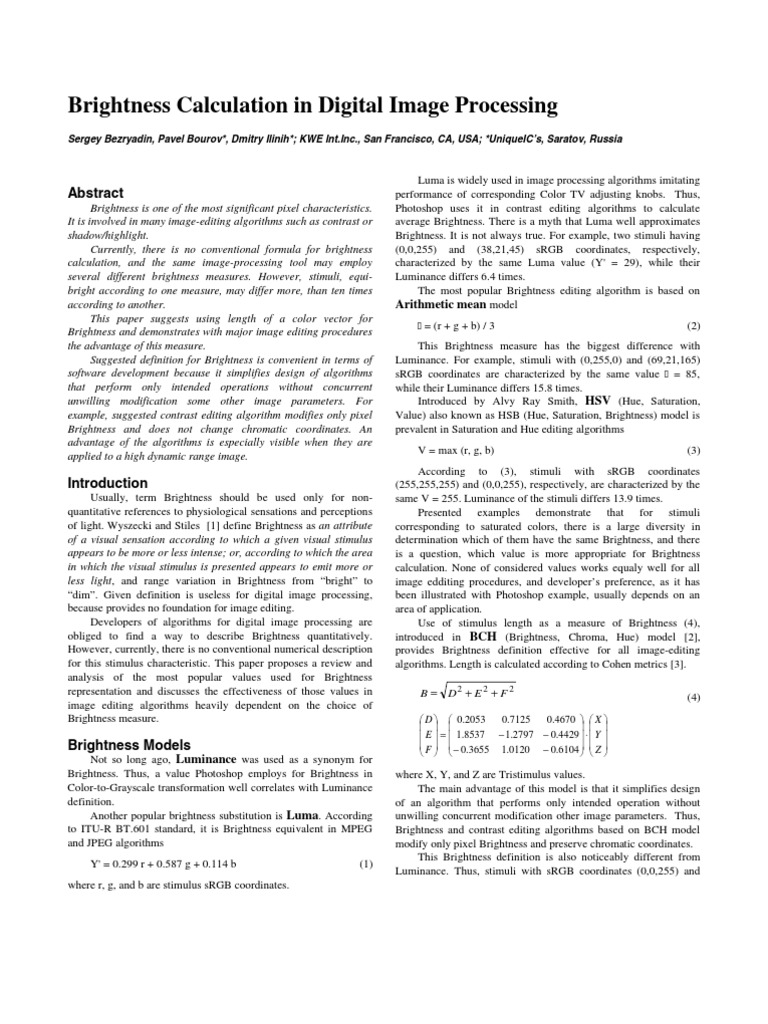 Brightness Calculation in Digital Image Processing | PDF | Image ...