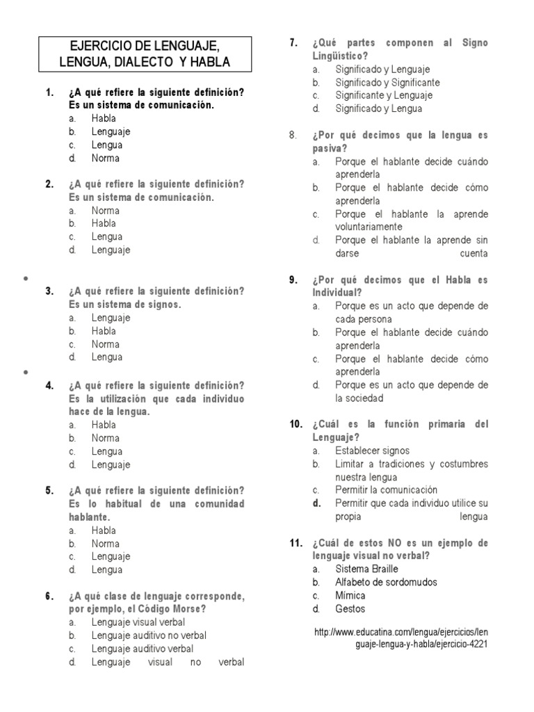 EJERCICIO de LENGUAJE, Lengua, Dialecto y Habla