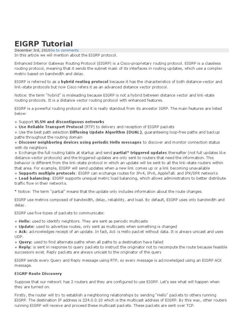 Eigrp Tutorial Pdf Routing Telecommunications Standards