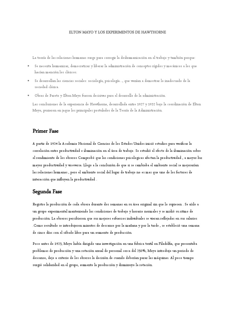 Elton Mayo y Los Experimentos de Hawthorne | PDF | Conceptos ...