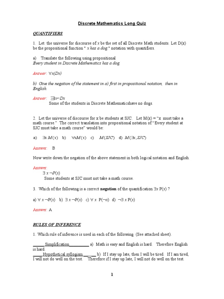 Discrete Math Quiz on Quantifiers, Rules of Inference, Sets, and ...